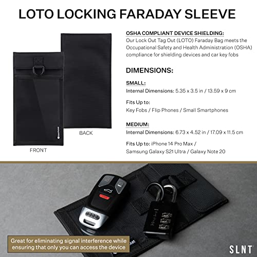 SLNT Lock Out Tag Out Locking Cell Phone Faraday Sleeve with Silent Pocket - Waterproof Nylon, Loto Signal Blocking Device Shielding for Most Phones, Keyfobs - Privacy & Anti-Hacking (Black, Medium)