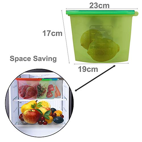 2 Pack Reusable Silicone Food Storage Bags, Stretch Food Bag, Seal Containers Bag Plastic Ziplock Clip for Vegetable,Sandwich,Meat,Milk,Dishwasher Safe(Random Color)