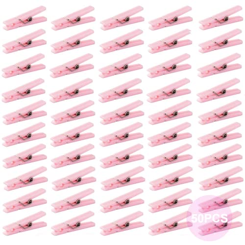 50 PCS Small Transparent Plastic Tool Paper Clips Clothespins Clip Clothing Line Clip Photo Clips 1.4 x 0.25 Inch Mini Clothespins Baby Shower Clothing Pins Plastic Small Clips for Party (Pink)