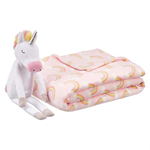 Amazon Basics Kids Unicorns & Rainbows Patterned Throw Blanket with Stuffed Animal Unicorn