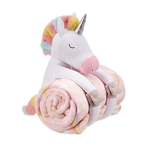 Amazon Basics Kids Unicorns & Rainbows Patterned Throw Blanket with Stuffed Animal Unicorn