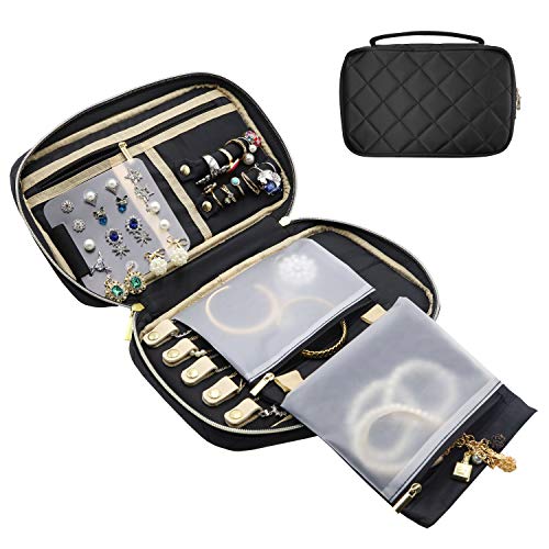 ProCase Travel Jewelry Organizer Case for Women Christmas Valentine's Day Gift, Soft Padded Jewelry Storage Bag Box Carrying Case Pouch for Rings, Bracelet, Earring, Chains, Necklace Holder -Black