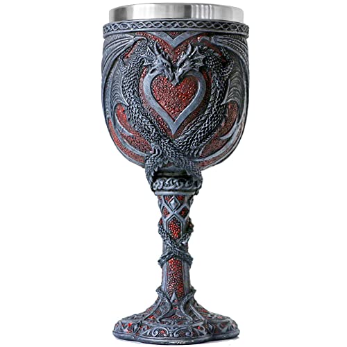 Medieval Double Dragon Wine Goblet - Valentines Dungeons and Dragons Wine Chalice -7oz Stainless Steel Drinking Cup - Romantic Novelty Gothic Gift Party Idea Goblets Present for Girl Girlfriend Wife