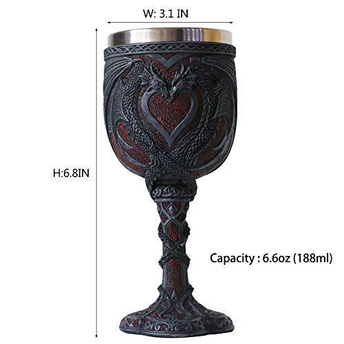 Medieval Double Dragon Wine Goblet - Valentines Dungeons and Dragons Wine Chalice -7oz Stainless Steel Drinking Cup - Romantic Novelty Gothic Gift Party Idea Goblets Present for Girl Girlfriend Wife