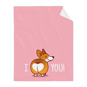 Flannel Blanket Pink Cute Corgi I Love You Lightweight Cozy Bed Blanket Soft Throw Blanket fits Couch Sofa Suitable for All Season 60x80 for Women Men