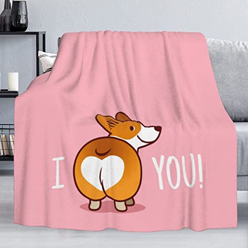 Flannel Blanket Pink Cute Corgi I Love You Lightweight Cozy Bed Blanket Soft Throw Blanket fits Couch Sofa Suitable for All Season 60x80 for Women Men