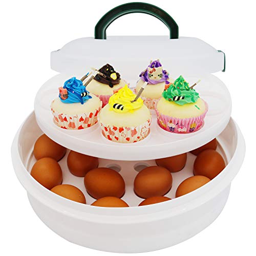 10 Inch Portable Pie Carrier with Lid and Tray 3-In-1 Round Cupcake Container Egg Holder Muffin Tart Cookie Keeper Food (Green)