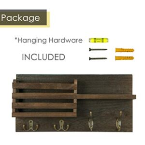 ROOREVO Key Holder for Wall Mail Holder Wall Organizer with Key Hooks and A Floating Shelf Rustic Home Decor for Entryway or Mudroom,Brown