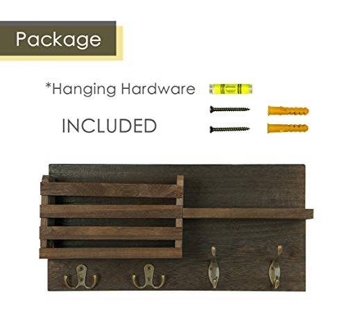 ROOREVO Key Holder for Wall Mail Holder Wall Organizer with Key Hooks and A Floating Shelf Rustic Home Decor for Entryway or Mudroom,Brown