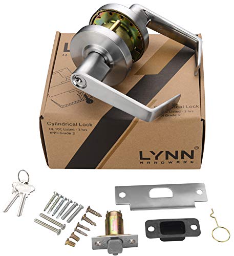 LYNN HARDWARE Commercial Door Lever Lock - Heavy-Duty Locking Door Handle, Designer Door Handles, Cylindrical Lever Lock, Non-Handed Grade 2 Door Handle, Satin Chrome, Classroom Function