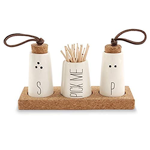 Mud Pie, Off-White Salt, Pepper & Toothpick Holder, Size: tray 2" x 6" | shakers 2 3/4" x 1 1/2" dia