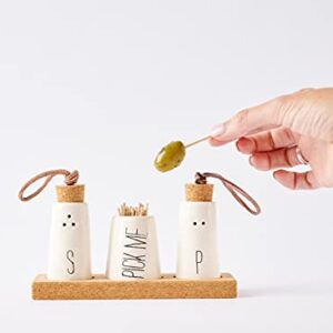 Mud Pie, Off-White Salt, Pepper & Toothpick Holder, Size: tray 2" x 6" | shakers 2 3/4" x 1 1/2" dia