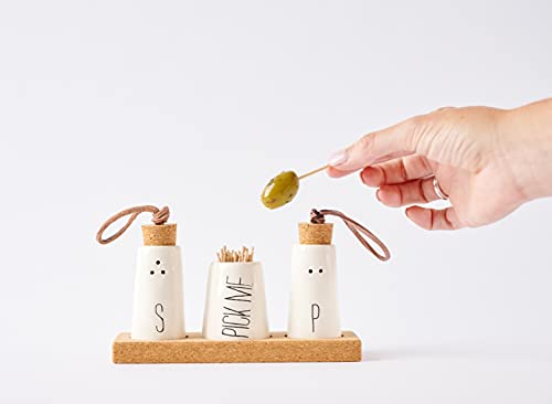 Mud Pie, Off-White Salt, Pepper & Toothpick Holder, Size: tray 2" x 6" | shakers 2 3/4" x 1 1/2" dia