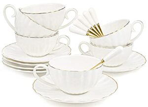 yesland set of 6 royal tea cups and saucers with gold trim, 8 ounce white porcelain tea set & british coffee cups, white latte cups and espresso mug for specialty coffee drinks, latte, cafe mocha, tea