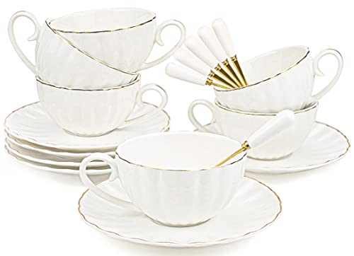 Yesland Set of 6 Royal Tea Cups and Saucers with Gold Trim, 8 Ounce White Porcelain Tea Set & British Coffee Cups, White Latte Cups and Espresso Mug for Specialty Coffee Drinks, Latte, Cafe Mocha, Tea