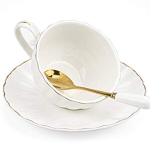 Yesland Set of 6 Royal Tea Cups and Saucers with Gold Trim, 8 Ounce White Porcelain Tea Set & British Coffee Cups, White Latte Cups and Espresso Mug for Specialty Coffee Drinks, Latte, Cafe Mocha, Tea