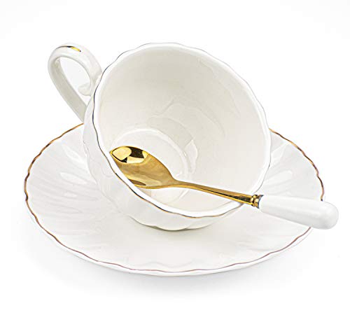 Yesland Set of 6 Royal Tea Cups and Saucers with Gold Trim, 8 Ounce White Porcelain Tea Set & British Coffee Cups, White Latte Cups and Espresso Mug for Specialty Coffee Drinks, Latte, Cafe Mocha, Tea