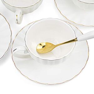 Yesland Set of 6 Royal Tea Cups and Saucers with Gold Trim, 8 Ounce White Porcelain Tea Set & British Coffee Cups, White Latte Cups and Espresso Mug for Specialty Coffee Drinks, Latte, Cafe Mocha, Tea