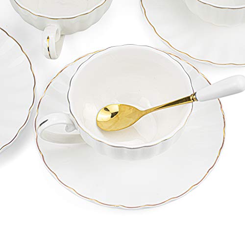 Yesland Set of 6 Royal Tea Cups and Saucers with Gold Trim, 8 Ounce White Porcelain Tea Set & British Coffee Cups, White Latte Cups and Espresso Mug for Specialty Coffee Drinks, Latte, Cafe Mocha, Tea