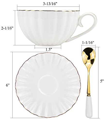 Yesland Set of 6 Royal Tea Cups and Saucers with Gold Trim, 8 Ounce White Porcelain Tea Set & British Coffee Cups, White Latte Cups and Espresso Mug for Specialty Coffee Drinks, Latte, Cafe Mocha, Tea