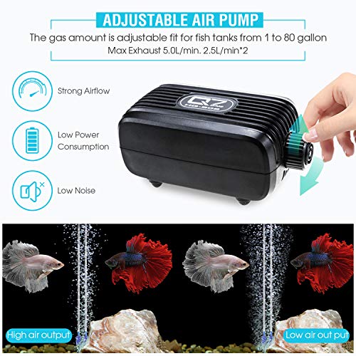 Aquarium Air Pump, Rifny 3W Adjustable Fish Tank Oxygen Air Pump Kit with Dual Outlet Air Valve Air Stones Silicone Tube Check Valves, 2 * 2500 ML/Min Air Flow Capacity for 1-80 Galon Fish Tank