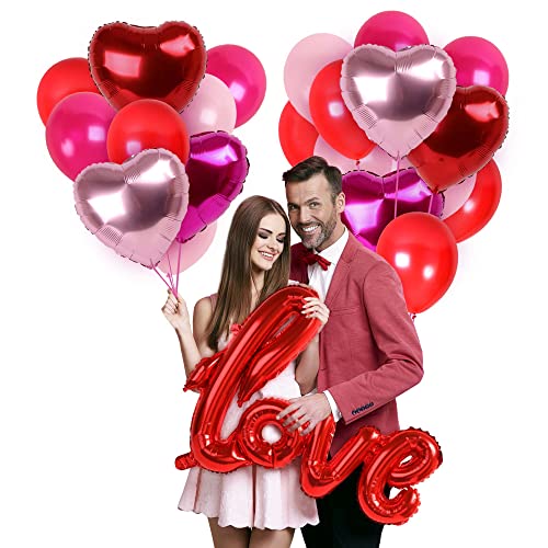 Treasures Gifted - LOVE Valentine’s Day Balloons - Red Letters w/ Red, Magenta & Blush Pink Metallic & Heart Shaped Balloons - Valentine’s Day Decor Kit w/ Pink Ribbon & Temporary Adhesive Dots