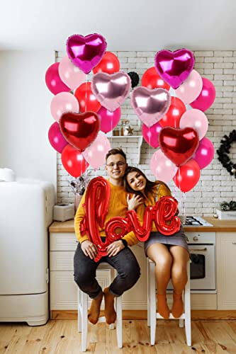 Treasures Gifted - LOVE Valentine’s Day Balloons - Red Letters w/ Red, Magenta & Blush Pink Metallic & Heart Shaped Balloons - Valentine’s Day Decor Kit w/ Pink Ribbon & Temporary Adhesive Dots