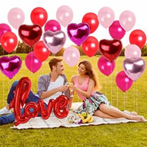 Treasures Gifted - LOVE Valentine’s Day Balloons - Red Letters w/ Red, Magenta & Blush Pink Metallic & Heart Shaped Balloons - Valentine’s Day Decor Kit w/ Pink Ribbon & Temporary Adhesive Dots