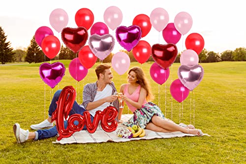 Treasures Gifted - LOVE Valentine’s Day Balloons - Red Letters w/ Red, Magenta & Blush Pink Metallic & Heart Shaped Balloons - Valentine’s Day Decor Kit w/ Pink Ribbon & Temporary Adhesive Dots