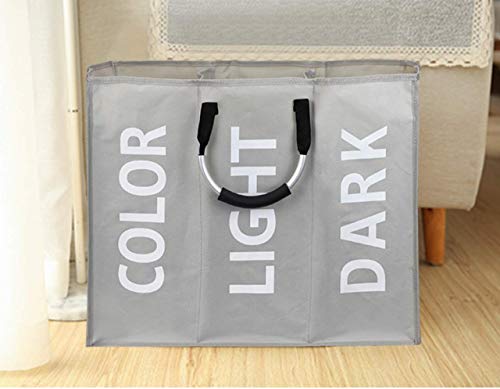 Elonglin Large Collapsible Washing Laundry Basket Bag with 3 Compartment Laundry Hamper Foldable College Laundry Bags,Waterproof Portable Storage Bag with Carry Aluminium Handles light grey