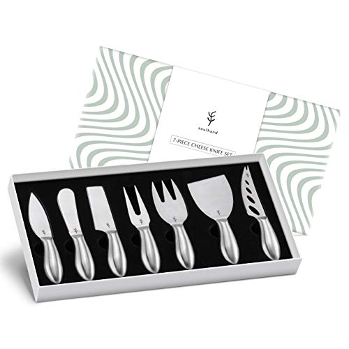 Soulhand 7-Piece Cheese Knife Set – Mini Stainless Steel Cheese Knives, Spreader, Forks for Hard, Soft and Creamy Cheese, Essential Short Handle Cheese Knives Set with Gift Box