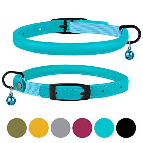 BRONZEDOG Cat Collar with Bell Safety Rolled Leather Collars for Cats Kitten Black Blue Pink Green Yellow Grey (8" - 10", Aqua Blue)