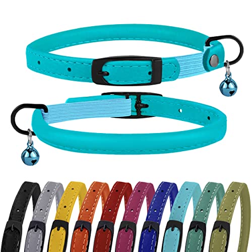 BRONZEDOG Cat Collar with Bell Safety Rolled Leather Collars for Cats Kitten Black Blue Pink Green Yellow Grey (8" - 10", Aqua Blue)