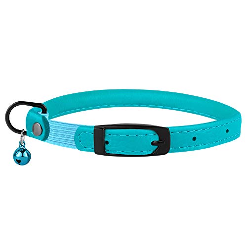 BRONZEDOG Cat Collar with Bell Safety Rolled Leather Collars for Cats Kitten Black Blue Pink Green Yellow Grey (8" - 10", Aqua Blue)