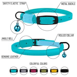 BRONZEDOG Cat Collar with Bell Safety Rolled Leather Collars for Cats Kitten Black Blue Pink Green Yellow Grey (8" - 10", Aqua Blue)