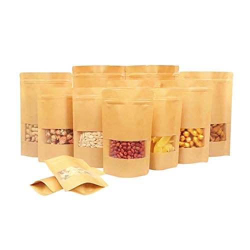 Kraft Paper Bags With Frosted Window And Zip Lock Decorative Heavy Duty Heat Seal Recycled Resealable Mylar Stand Up Pouches Bags Sealable For DIY Food Snack Cookies Candy Coffee Popcorn (6x9+3.2inch)