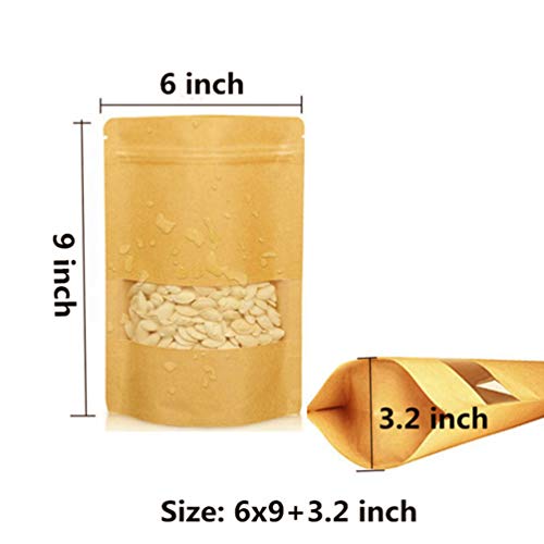 Kraft Paper Bags With Frosted Window And Zip Lock Decorative Heavy Duty Heat Seal Recycled Resealable Mylar Stand Up Pouches Bags Sealable For DIY Food Snack Cookies Candy Coffee Popcorn (6x9+3.2inch)