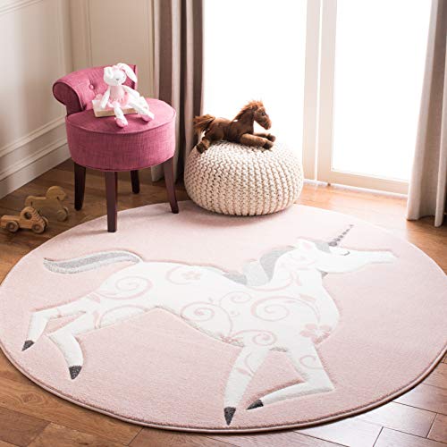 SAFAVIEH Carousel Kids Collection 4' Round Pink / Ivory CRK163P Unicorn Nursery Playroom Area Rug