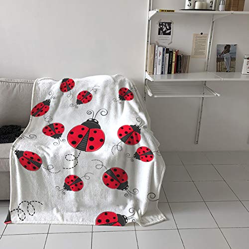 GreaBen Super Soft Bed Blanket Flannel Fleece Throw-Blankets for Women Men,Red Ladybug Cartoon White Pattern,Full Size Blankets for Bedroom Living Room Bed Sofa Couch,49x59inch