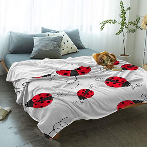 GreaBen Super Soft Bed Blanket Flannel Fleece Throw-Blankets for Women Men,Red Ladybug Cartoon White Pattern,Full Size Blankets for Bedroom Living Room Bed Sofa Couch,49x59inch