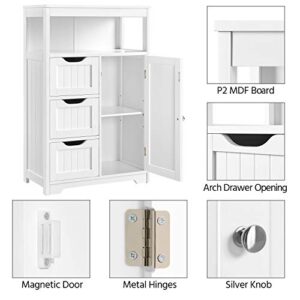 Yaheetech Bathroom Floor Cabinet Wooden Storage Organizer with 1 Door and 3 Drawers, Free-Standing Cupboard for Kitchen/Living Room/Bathroom Use, White