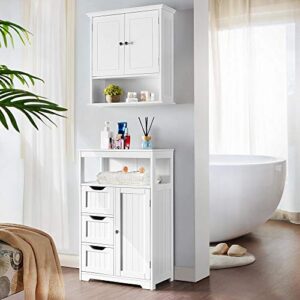 Yaheetech Bathroom Floor Cabinet Wooden Storage Organizer with 1 Door and 3 Drawers, Free-Standing Cupboard for Kitchen/Living Room/Bathroom Use, White