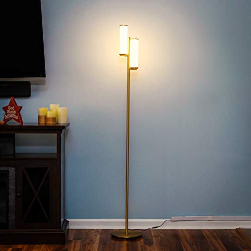 Brightech Gemini Floor Lamp, Dimmable Standing Lamp with Two Lights for Bedroom Reading, Modern Tall Tree Lamp for Offices, Mid-Century LED Lamp for Living Rooms, Great Living Room Decor - Gold/Brass