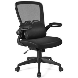 giantex ergonomic desk chair w/portable lumbar pillow, mesh padded seat and flip up armrests, swivel home office chair with wheels, adjustable height computer desk chair(black)