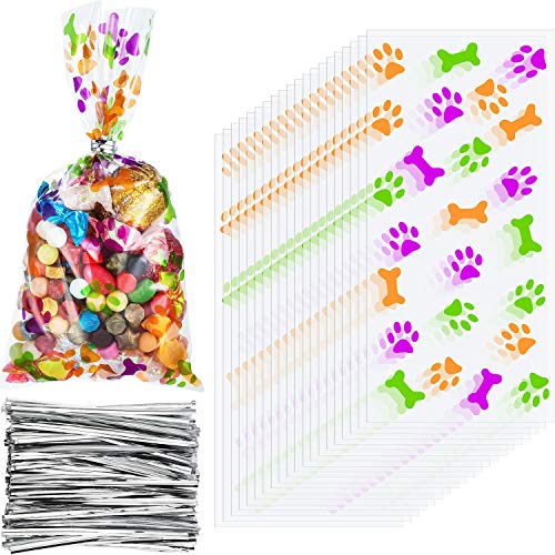 Maitys 100 Pieces Paw Bone Print Treat Bags Cellophane Clear Food Bags with 200 Pieces Twist Ties for Candies Chocolate Cookies Dessert Snacks (Colorful)