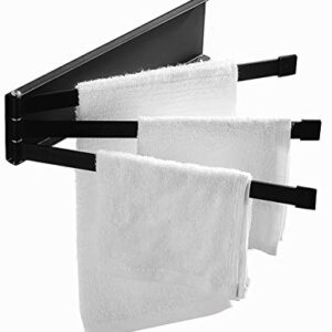 YEAVS Swing Towel Holder Rack Matte Black, Wall Mounted Towel Bar Swivel with 3-Arm for Bathroom Kitchen Storage