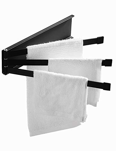 YEAVS Swing Towel Holder Rack Matte Black, Wall Mounted Towel Bar Swivel with 3-Arm for Bathroom Kitchen Storage