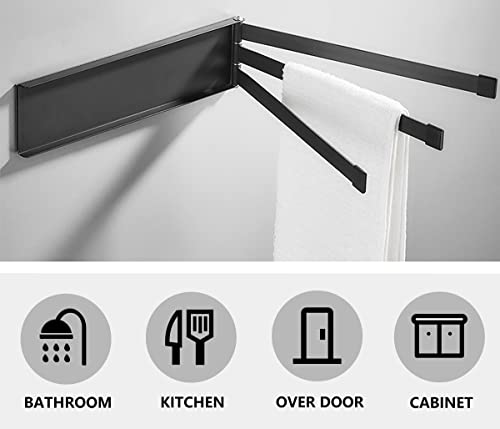 YEAVS Swing Towel Holder Rack Matte Black, Wall Mounted Towel Bar Swivel with 3-Arm for Bathroom Kitchen Storage