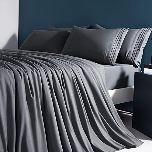 Shilucheng Bed Sheet Set Microfiber 1800 Threads Egyptian Super Soft Sheets 16-Inch Deep Pocket - Hypoallergenic - 6 Piece (Dark Grey, Queen)