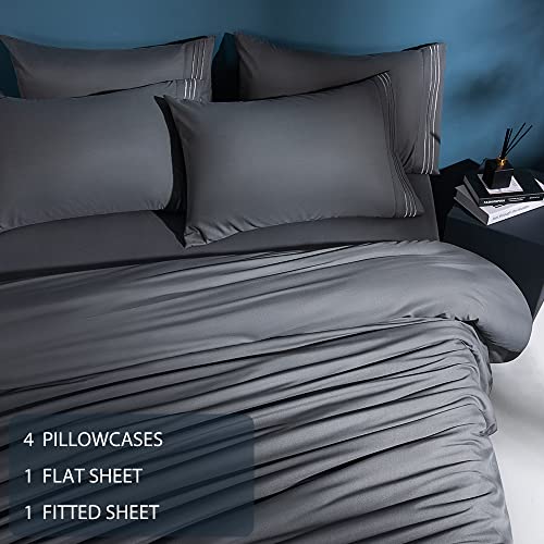 Shilucheng Bed Sheet Set Microfiber 1800 Threads Egyptian Super Soft Sheets 16-Inch Deep Pocket - Hypoallergenic - 6 Piece (Dark Grey, Queen)